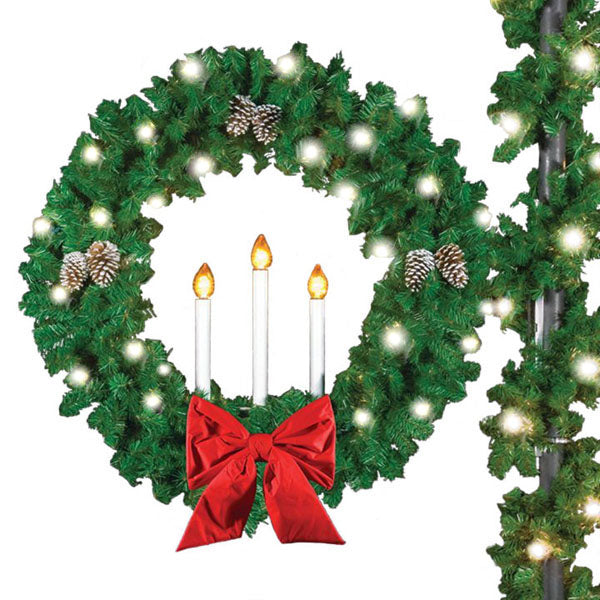 36 in. Pole Mounted Triple Candle Christmas Wreath with Bow - Display Sales
